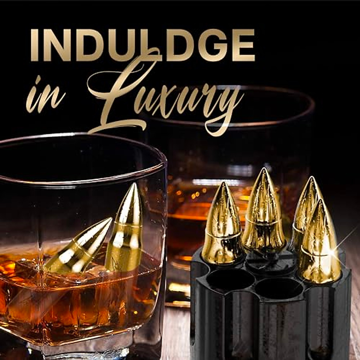 TF TAKEFLIGHT Whiskey Stones Set in Box Valentines Day Gift for Him, Stainless 6 Steel Whiskey Rocks for Men, Metal Ice Cubes for Drinks, Cool Whisky Stones Gifts for Men, Gold