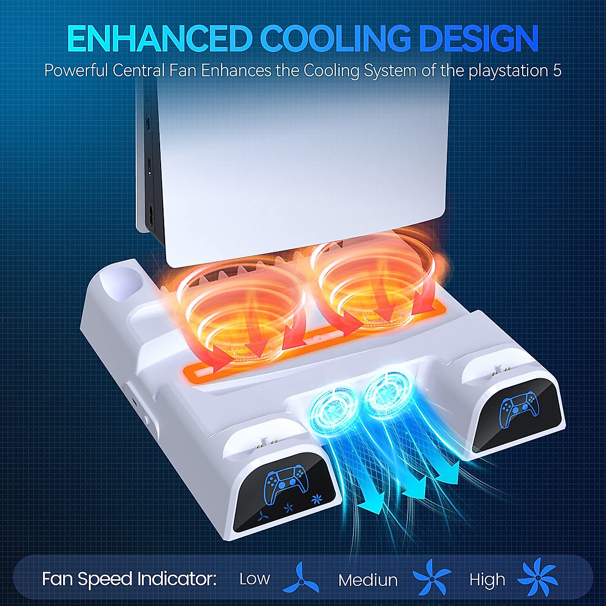 DAICEL PS5 Station with Charger for DualSense Controllers, Dual Cooling Fan Stand for PS5, Dock Accessories Compatible with PS5, Remote Holder and 11 Games Storage for PS5 Vertical Stand (White)