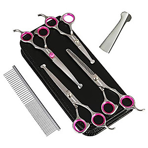 GEMEK Dog Grooming Scissors Set, 4CR Stainless Steel Safety Round Tip Pet Professional Grooming Tool 5 Pieces Kit - Straight, Curved, Thinning Shears & Comb for Dogs, Cats and Other Animals