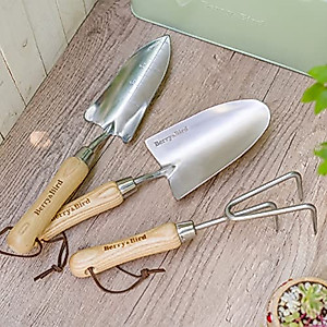 Berry&Bird Garden Tool Set, 3 PCS Stainless Steel Heavy Duty Gardening Tool Kit Includes Hand Trowel, Transplanter and Hand Cultivator with Ash Wood Handle for Transplanting Digging Loosening Soil