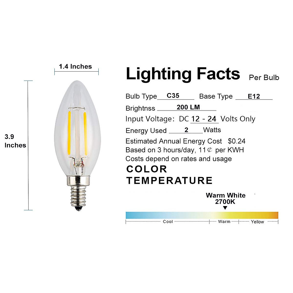 OPALRAY LED Candelabra LOW Voltage Bulb, DC/AC 12V Input, 2W 200Lm, Dimmable, Warm White Light, E12 Small Base, Clear Glass Torpedo Tip, 25W Incandescent Equivalent, DC 12V - 24V Lighting, Pack of 5