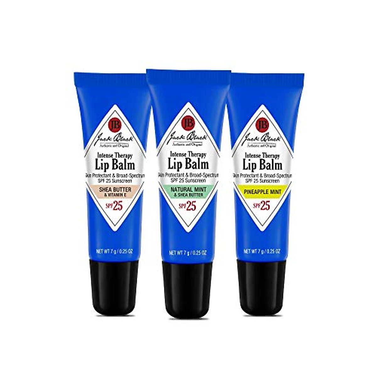 Jack Black Intense Therapy Lip Balm Trio with SPF Sunscreen 25 - Shea Butter & Vitamin E, Natural Mint & Shea Butter, Pineapple Mint - Set of 3 in Tin, 0.25 oz.