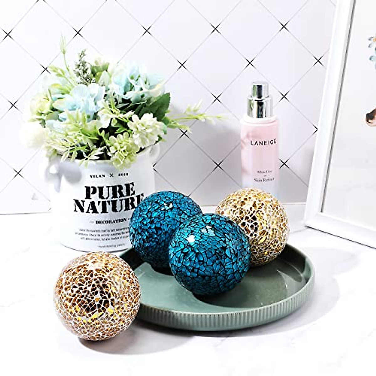 Honeydak 5 Pieces Glass Mosaic Sphere Decorative Balls for Centerpiece Bowls Turquoise Decorative Glass Balls Orbs Decorative Vases Fillers for Home Decoration Dining Table Bowls Tray, Blue,gold