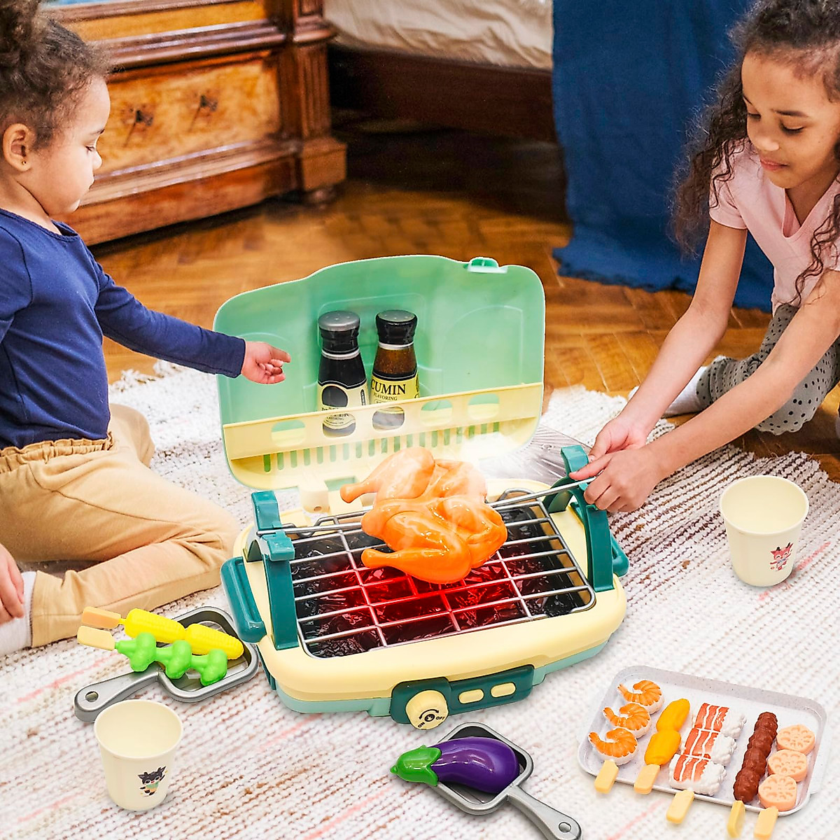 ChuburD Play Food Kids Kitchen Playset, Play Kitchen Toy Grill, Kids bbq Grill Playset, Pretend Play Cooking with Smoke, Sound and Light, for Toddlers for Kids 3 and up