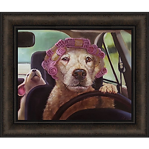 Mommy Chauffeur by Lucia Heffernan 16x19 Mom Dog with Curlers Driving Kid Puppy Crying Howling in Backseat Funny Humorous Pet Framed Animal Art Print Picture