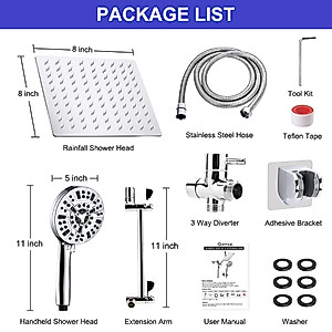 Shower Head, High Pressure Hydrojet Rainfall Shower Head / 6 Spray Settings Handheld Showerhead Combo with 11 inch Extension Arm, Anti-leak Shower Head with Holder, 1.5M Hose, Chrome