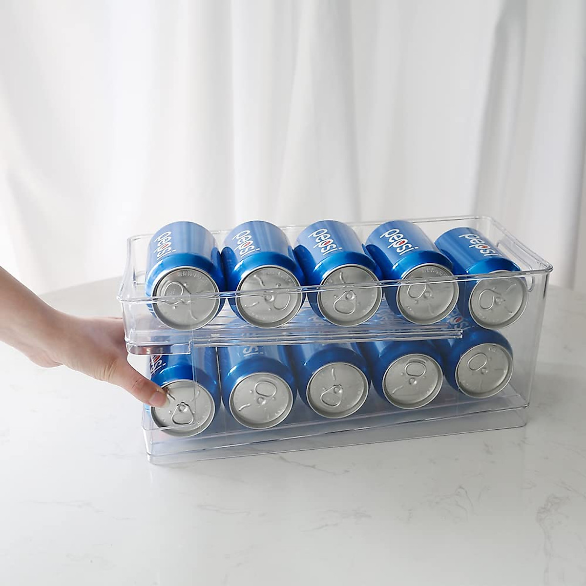 Soda Can Organizers for Refrigerator, 2-layer Automatic Rolling Beverage Storage Organizer for Freezer, Countertop, Cabinets & Pantry, Can Holder Dispenser Holds Up To 10 Cans (12oz) BPA Free, Clear