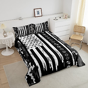 Feelyou Black Camo Comforter Set Camouflage Bedding Set Military Style Comforter Baseball Football Quilted Duvet Set for Kids Boys Girls Adults Twin Size with 1 Pillow Case
