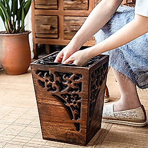 Liex- Waste Paper Basket Kitchen Trash Can, Multi-Functional Teak with Card Strip (Retro Waste Bin Flower Bucket Storage Box), Suitable for Bedroom Hotel (Size: 15 × 20 × 24cm)