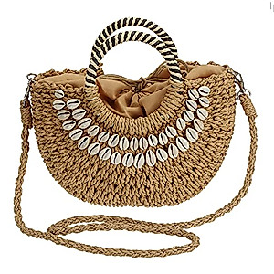 So'each Women's Handbag Shell Wicker Woven Rattan Straw Tote Bag Crossbody Bag Khaki