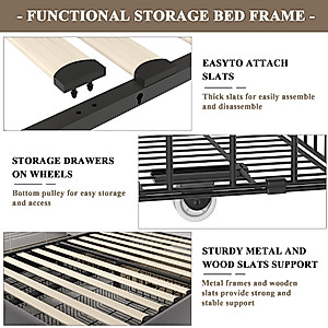 VECELO Queen Size Upholstered Platform Bed Frame with 4 Storage Drawers, Adjustable Velvet Rivets Headboard, Wooden Slats Support, No Box Spring Needed, Easy Assembly