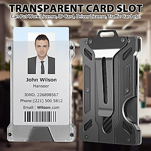 HitTopss Minimalist Wallet for Men, RFID Blocking, Slim Aluminum Metal Money Clip Wallet with Clear ID Card Holder, Holds up 15 Cards with Cash Strap, Ultra-Thin Credit Card Holder Carbon Fiber Wallet