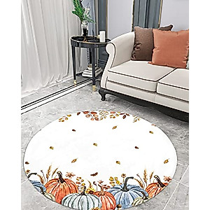 Round Fluffy Area Rug Thanksgiving Fall Pumpkin Harvest Ultra Soft Short Plush Circle Carpet Autumn Leaves Wheat on White Non-Slip Shaggy Accent Throw Rugs for Living Room Bedroom Nursery 48in