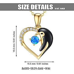 WSX 14k Gold Penguin Love Necklace October Birthstone Blue Opal Round CZ Heart Pendant Birthday Gift for Women Girlfriend Daughter