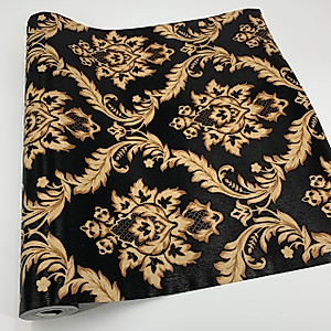 Q QIHANG European Style Gold - Flecked Process Damask PVC Wallpaper Black Colors 0.53m(1.73') x 10m(32.8')=5.3㎡(57sq.ft)