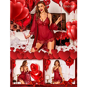 RSLOVE Women Sexy Lingerie Set 3 Piece Babydoll & Lace Kimono Robe Strap Chemise Mesh Sleepwear Wine Red L