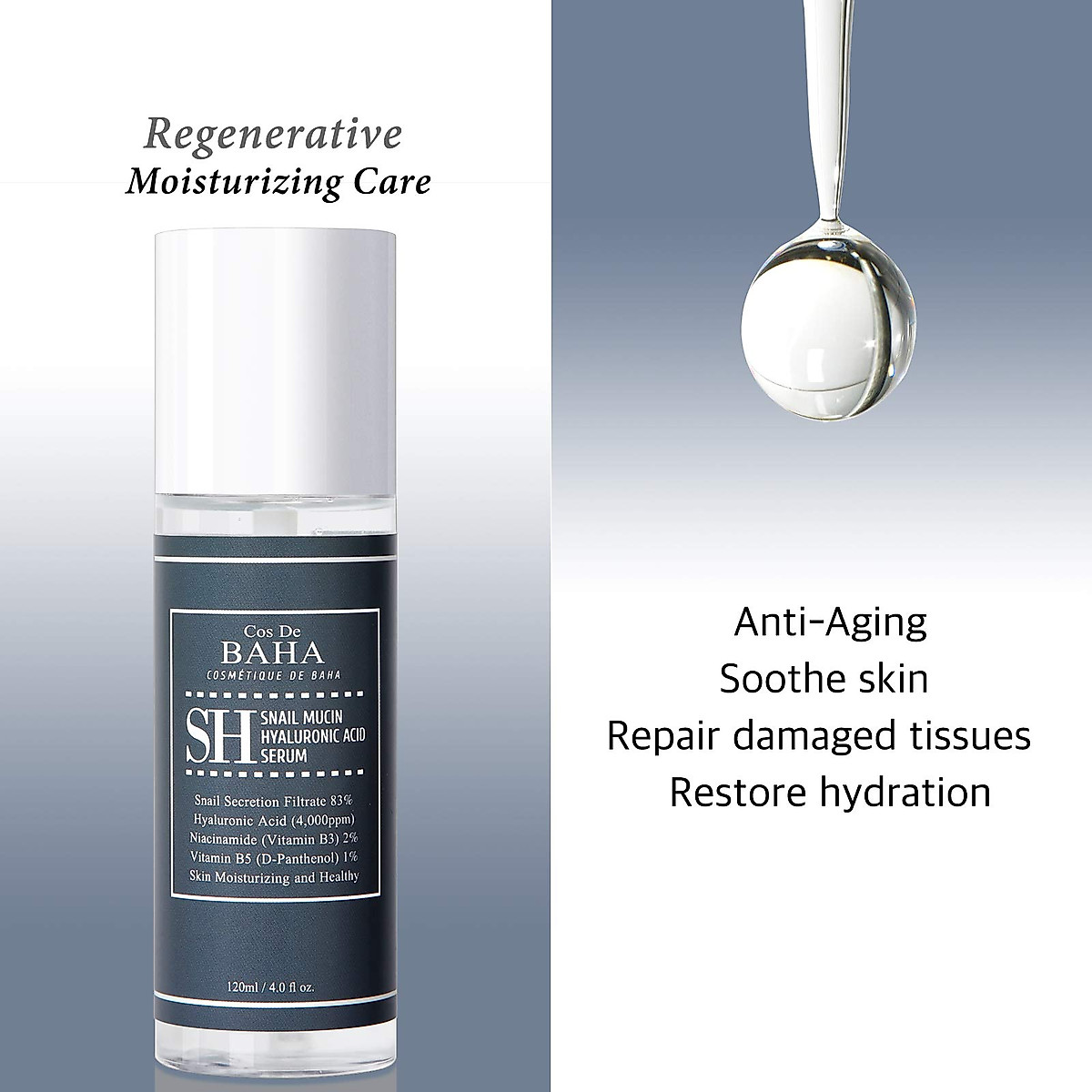 Cos De BAHA Snail Repair Intensive Facial Serum with Vitamin B3, 2% Niacinamide, and 5% Allantoin - 4 Fl Oz (120ml)