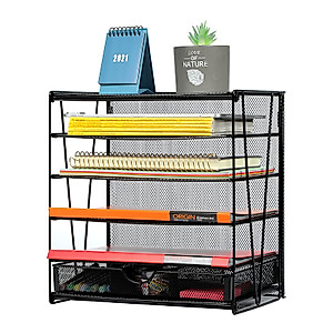 Samstar Paper Letter Tray, 5 Tier Desk File Organizer Paper Shelves Sorter Rack with Sliding Drawer and Extra Pen Holder, Black