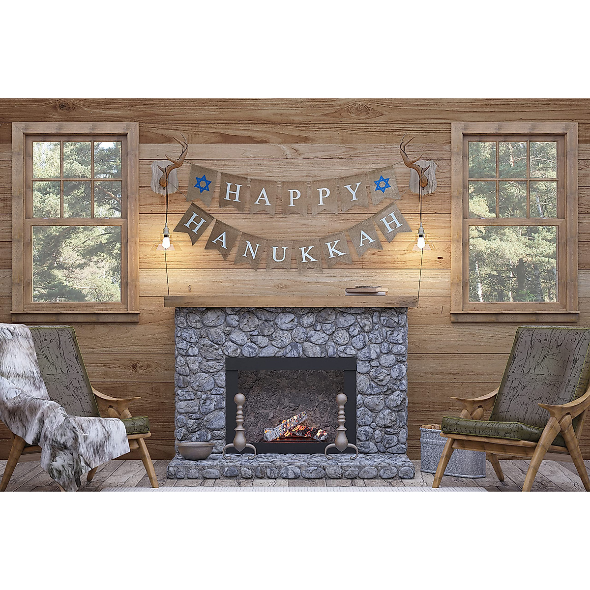 Happy Hanukkah Banner Chanukah Decorations - Judaica Burlap Party Garland Bunting - Ready to Hang Hanukkah Garland - Festive Decor Photo Prop Backdrop by Jolly Jon