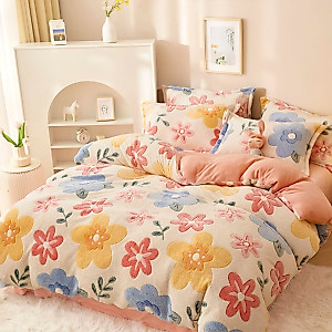 LMONMOO Pink Duvet Cover Twin, Fluffy Comforter Cover Set, Kawaii Bedding Sets for Girl Ultra Soft Cute Floral Bed Set for Kids (Flower, Twin)