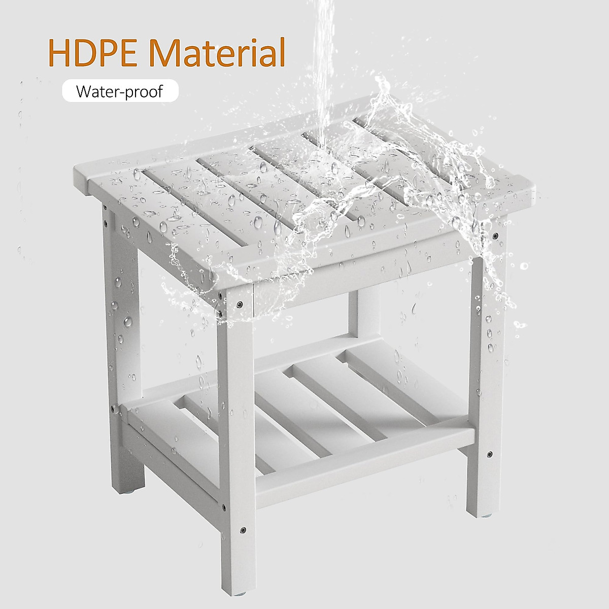 Zoopolyn HDPE Shower Bench Seat Waterproof Poly Shower Stool Chair for Inside Shower with Storage Shelf for Bathroom Indoor Outdoor Use White