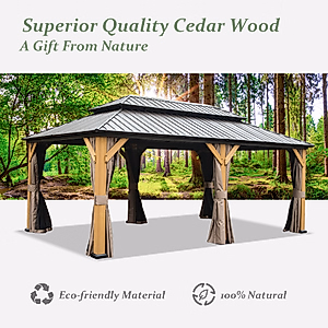 Domi 12' X 20' Wood Gazebo, Cedar Frame Hardtop Gazebo with Galvanized Steel Double Roof, Netting & Curtains, Patio Pergola Pavilion for Patio, Backyard, Deck, Lawns