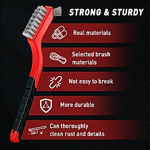 CasaCulina Wire Brush Set 3Pcs, Nylon/Brass/Stainless Steel Bristles with Curved Handle Grip, Small Wire Brushes for Cleaning Rust, Dirt & Paint Scrubbing, 7 Inches Scratch Brush with Deep Cleaning