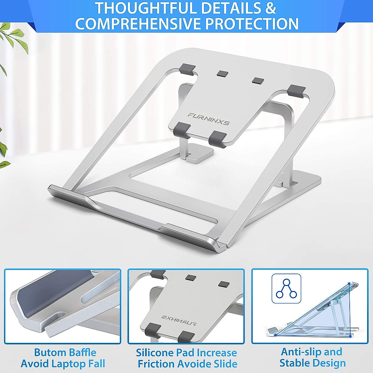 FURNINXS Adjustable Ergonomic Portable Foldable Laptop Stand, Aluminium, Compatible with 11-15.6 Inch Notebooks, MacBook Air, Pro, Dell, Lenovo, HP, Silver