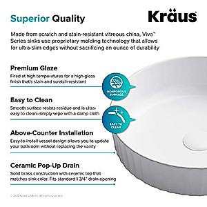 KRAUS Viva™ Round White Porcelain Ceramic Vessel Bathroom Sink with Pop-Up Drain, 15 3/4 in. D x 4 3/4 in. H, KCV-201GWH
