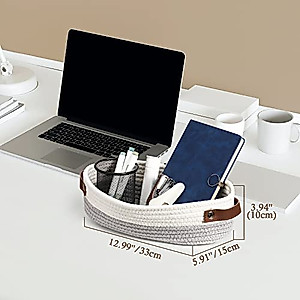 Lewondr Woven Storage Basket with Leather Handles, Small Cotton Rope Basket for Toilet Tank Top, Farmhouse Decor Basket for Bathroom Bedroom Laundry Countertop Storage Paper Towel Toy, White + Gray