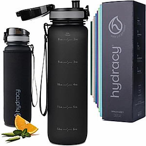 Hydracy 32 oz Motivational Water Bottle with Time Marker, 1 Liter Water Jug, Reusable Gym Water Bottle With Strap, Leak Proof Chug Lid, Bike Bottle with Fruit Infusion Strainer, Ideal Gift