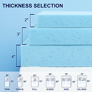 Subrtex 3 Inch Memory Foam Mattress Topper Mattress Pad Ventilated Gel Infused Bed Foam Topper for Pressure Relieving, CertiPUR-US Certified, Queen, Blue