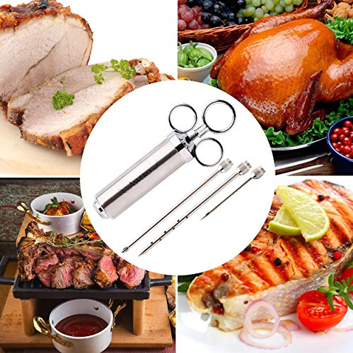 Meat Injector Kit Stainless Steel Food Syringe & 3 Marinades Needles for BBQ Grill Professional Smoker Seasoning Culinary Barbecue Syringe & Meat injectors for Smoking