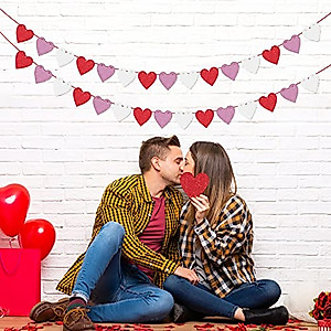 2 Pieces Heart Garland Banner for Valentines Day with Red Led Lights Decorations Red Pink White Heart Felt Banners Garland for Fireplace, Anniversary, Wedding, Engagement Party Home Decor (Style 2)