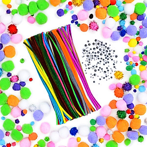 ZHAOER 200 Pieces Chenille Stems - 250 Pieces 6 Sizes Assorted Pom Poms - 100 Pieces Glitter Pompoms and 150 Pieces Wiggle Googly Eyes for DIY Arts Crafts