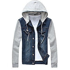 PASOK Men's Denim Hoodie Jacket Casual Slim Fit Button Down Jeans Coat Blue L