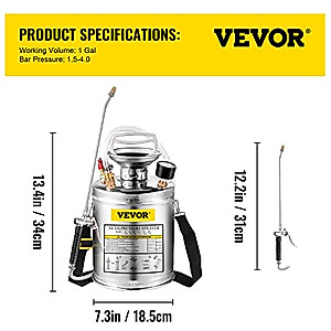 Happybuy 1 Gallon Stainless Steel Sprayer, 12" Wand & 3FT Reinforced Hose, Hand Pump Sprayer with Pressure Gauge, Safety Valve & Adjustable Nozzle, Garden Weed Sprayer for Lawn, Gardening, Sanitizing