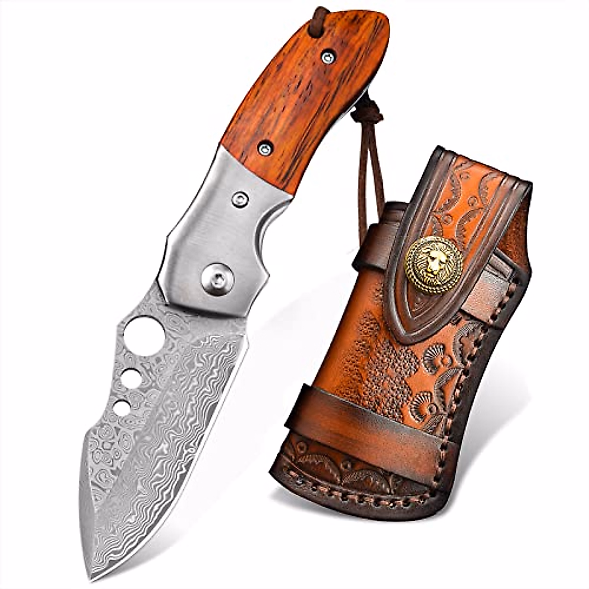 NedFoss Damascus Pocket Knife for men, Handmade Forged VG10 Damascus Steel Blade Pocket Knife with Wooden Handle, Pocket Clip, Liner Lock, Excellent Gifts for Men
