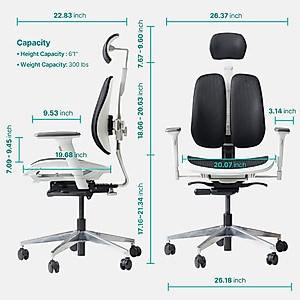Duorest [Dual-backrests Alpha - Ergonomic Office Chair, Home Office Desk Chairs, Executive Office Chair, Best Office Chair for Lower Back Pain, Mesh Office Chair, Office Desk Chair (White)