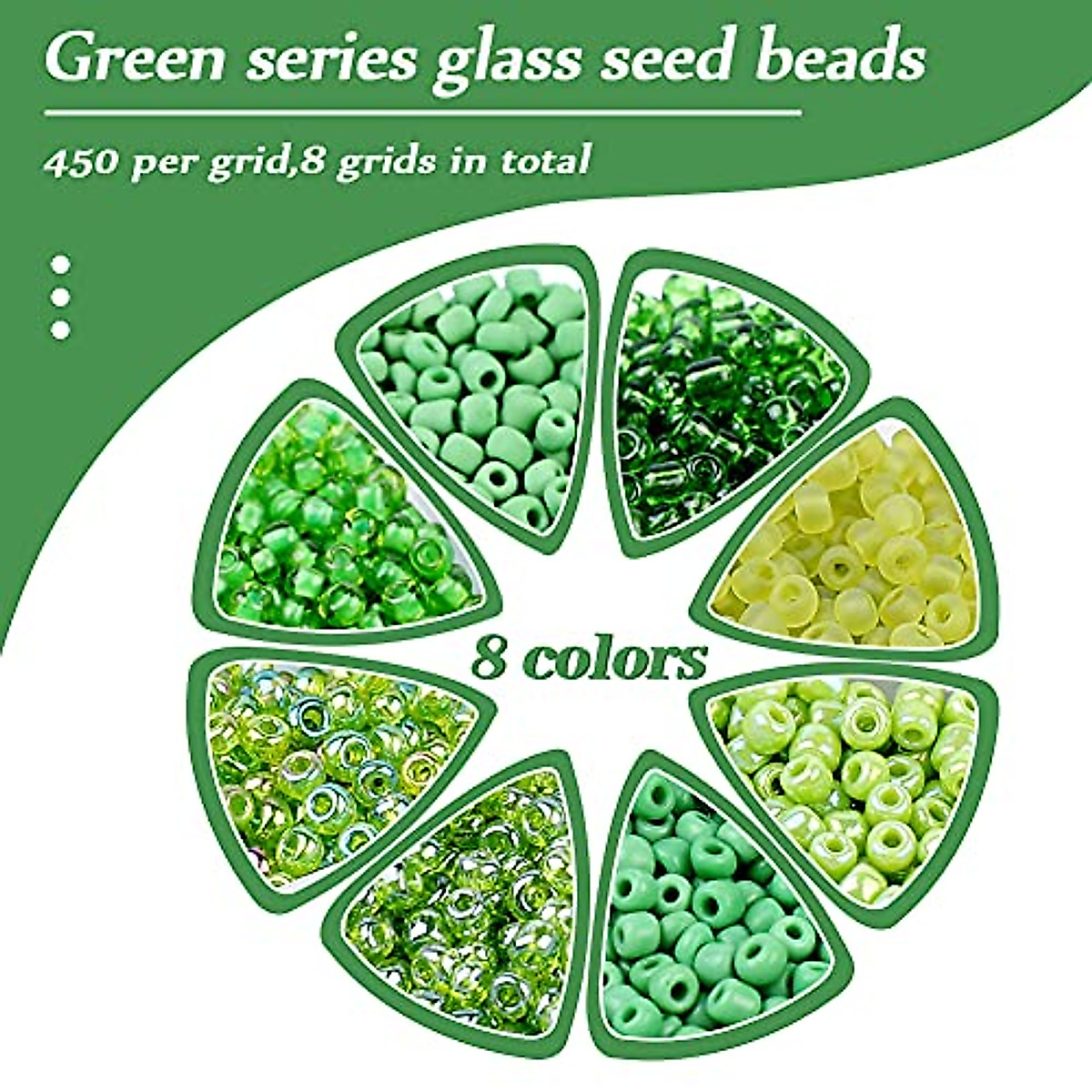 3600 Pcs Glass Seed Beads, 3mm 8/0 Bracelet Beads Set, Assorted Glass Beads with 8-Grid Plastic Storage Box, Small Round Beads for Jewelry Making - Green Series