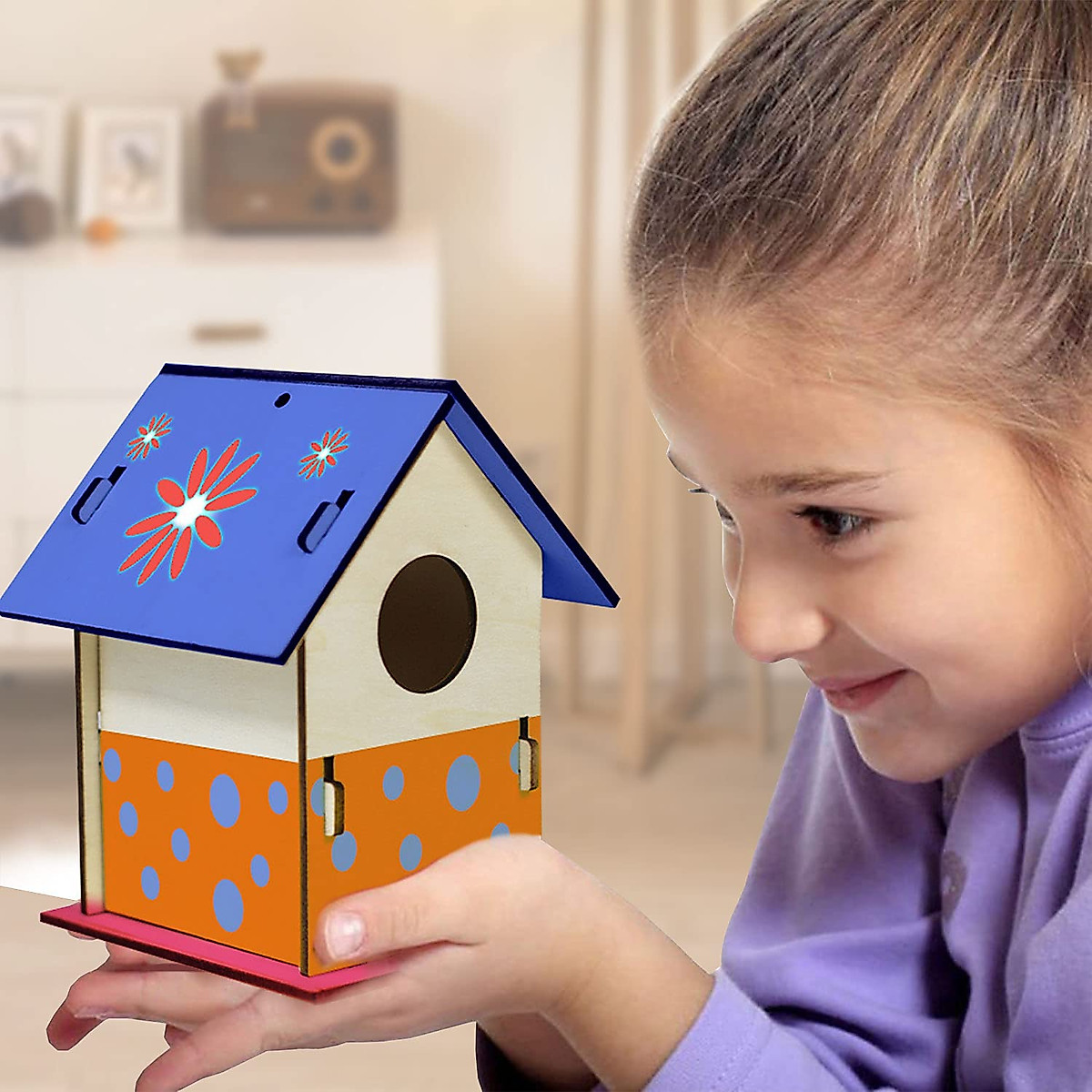 Aulufft 18pcs DIY Wooden Bird House Tool Set,Wooden Arts Wind Chime Kits with Pigments and Brush,Simulation Butterfly Accessories,Birdhouse Crafts for DIY Paint