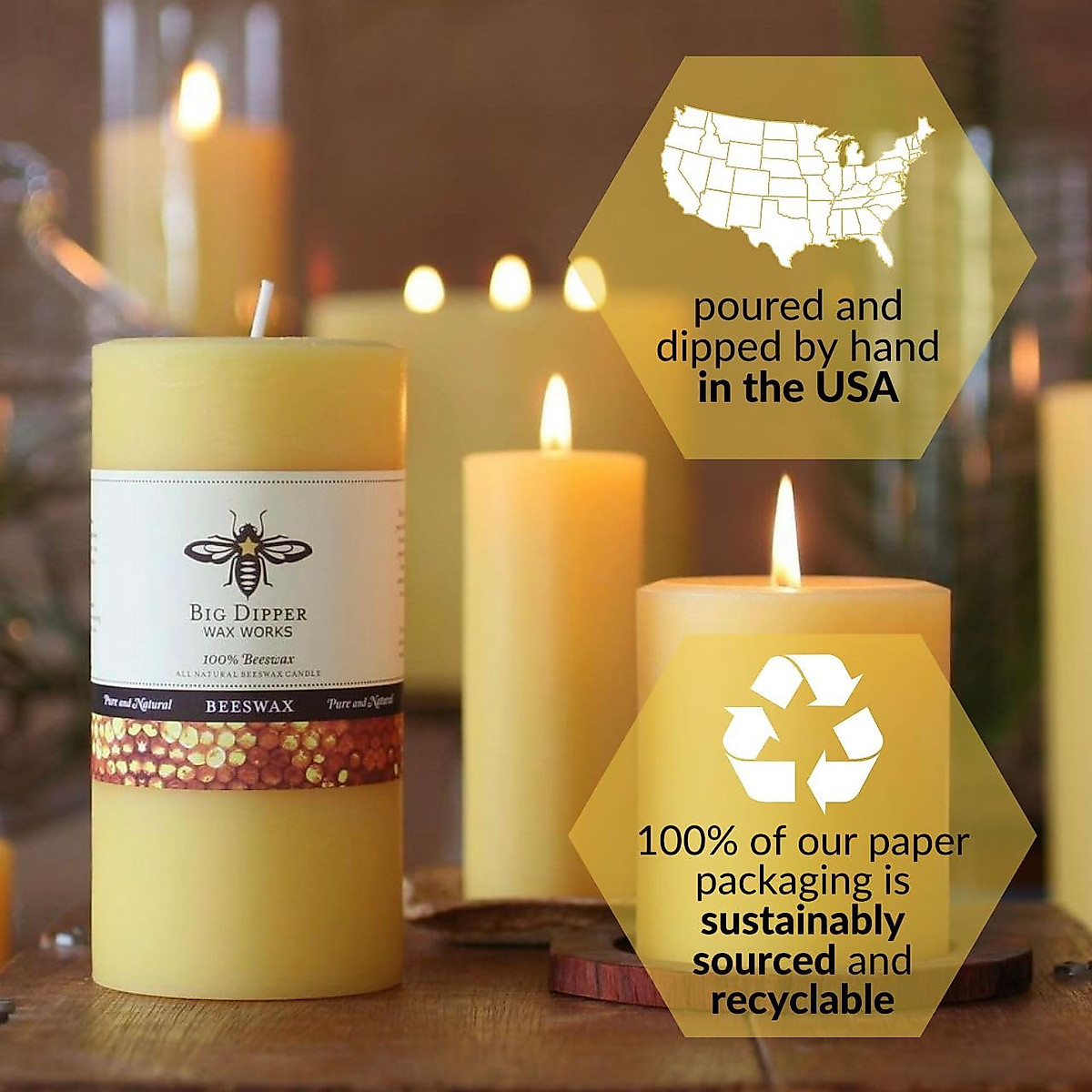 Big Dipper Wax Works Beeswax Pillar Candle, 90-Hour Long Burn, Pure Beeswax Candle, Large 3" x 6"