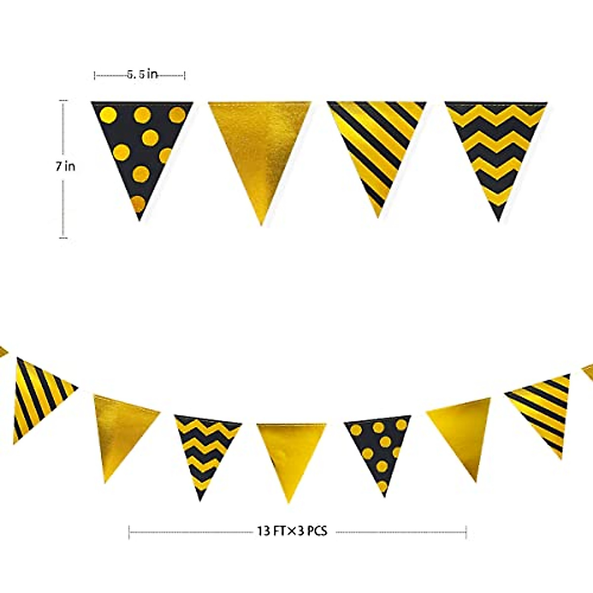 39 Ft Black Gold Triangle Pennant Banner Metallic Foil Polka Dot Stripe Paper Flag Bunting Garland Streamer for Birthday Anniversary Graduation Wedding Bridal Shower Party Decorations Supplies