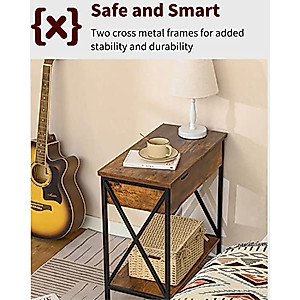 WEENFON Narrow End Table, 2 Tiers Flip Top Sofa Side Table, Nightstand with X-Shaped Metal Legs, Rustic Brown and Black