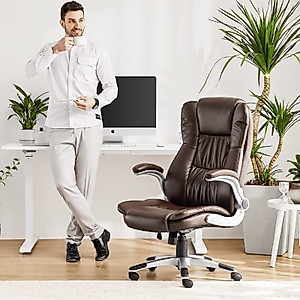 Big and Tall Office Chair Ergonomic Desk Chair with Arms Adjustable Height High Back Lumbar Support Computer Chair Comfortable Leather Brown Executive Chair