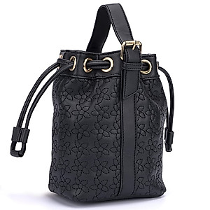Olivia Miller Women's Fashion Jade Flower Embroidered Faux PU Leather Bucket Black Crossbody Bag w Adjustable Strap Everyday Small Evening Casual Work Purse Handbag