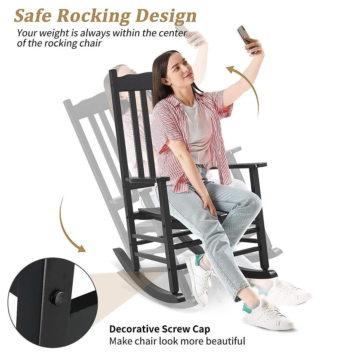 Outvita Outdoor Rocking Chair Set of 2, Solid Wood High Back Rocker, All Weather Lounge Chair for Porch Patio Fire Pit Garden Backyard Deck Indoor, Wave Shape, Black