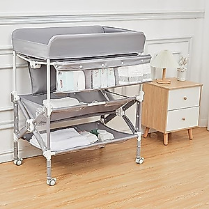 Babevy Portable Baby Changing Table, Foldable Diaper Change Table with Wheels, Adjustable Height, Cleaning Bucket, Changing Station for Infant Mobile Nursery Organizer for Newborn (Light Grey)