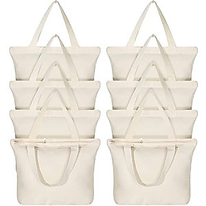 Epakh 8 Pack Canvas Tote with Zipper 16.5 x 13 x 4 Inch Reusable Grocery Bag, Foldable Shopper, Washable Beach Tote, School Shoulder Bag for Women Mothers and Brides (Beige)