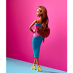 Barbie Looks Doll with Brown Hair Dressed in One-Shoulder Pink and Blue Midi Dress, Posable Made to Move Body Small